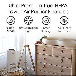 Crane Air Purifier with True HEPA Filter, Germicidal UV Light, 500 Sq Feet Coverage, Timer Function, Sleep Mode, Built in Air Quality Monititor, EE-5069,Blue and White,10.25 Pound
