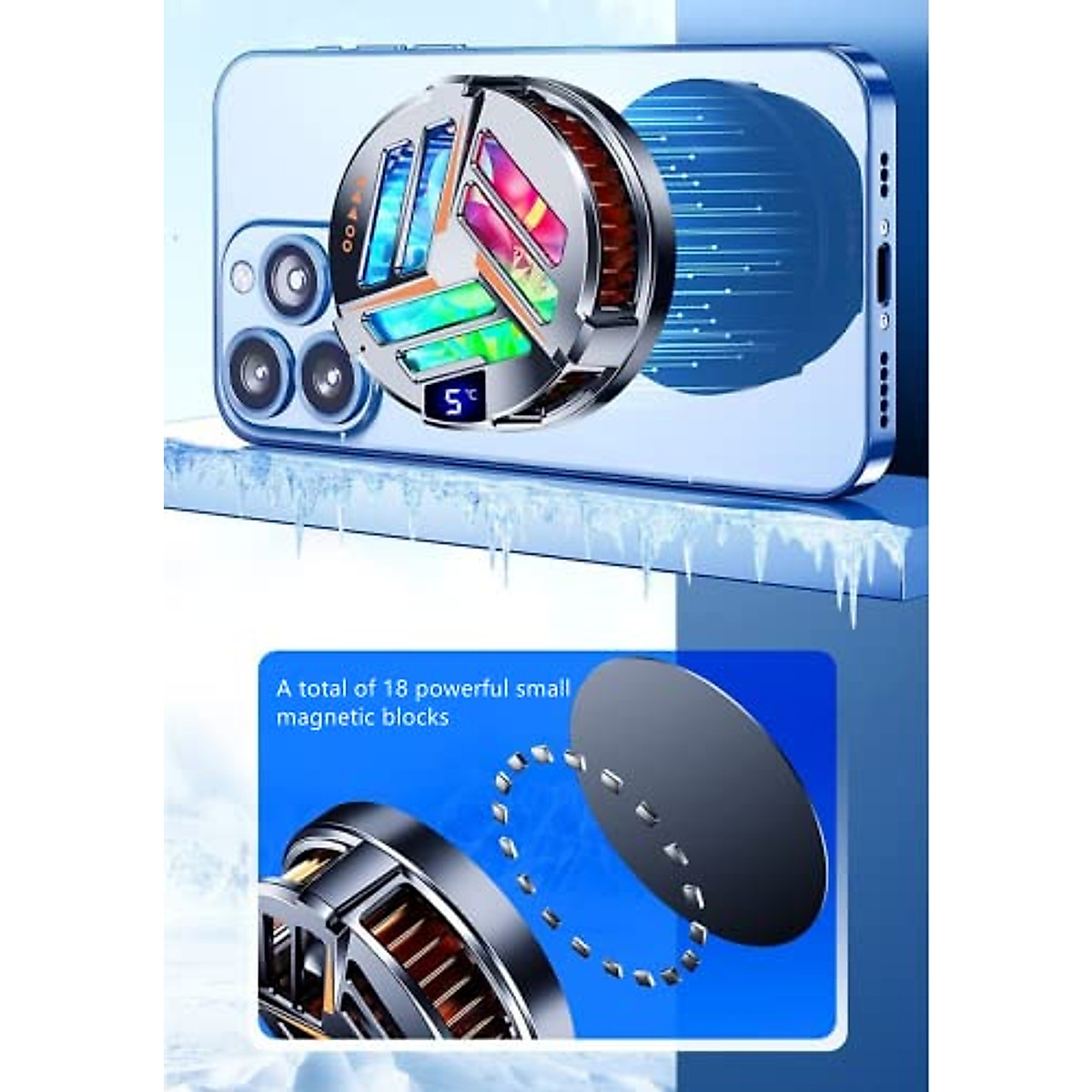 Mobile Phone Radiator Cooler for iPad Tablet Computer Magnetic Heat Dissipation Type-C Heat Sink Atmosphere Lights (Round)