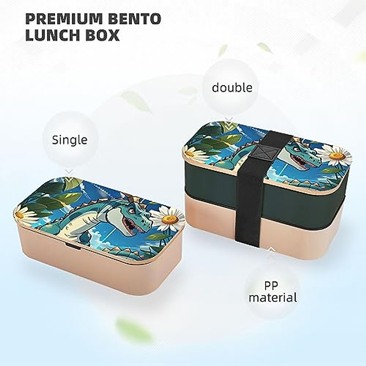 Cute Dinosaur Adult Lunch Box, Bento Box, With Cutlery Set Of 3, 2 Compartments, Rectangular, Lunch Box For Adults