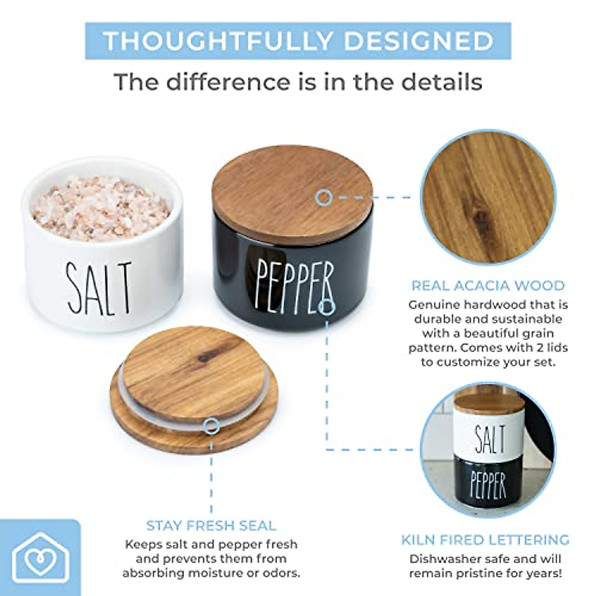Heartland Home Ceramic Salt and Pepper Bowls. Dual Holder Salt Cellar with Lid. Black and White Stackable Salt Container Set. Salt Keeper, Pepper Bowl, 2 Airtight Wooden Lids. 9oz Salt Box Pinch Dish