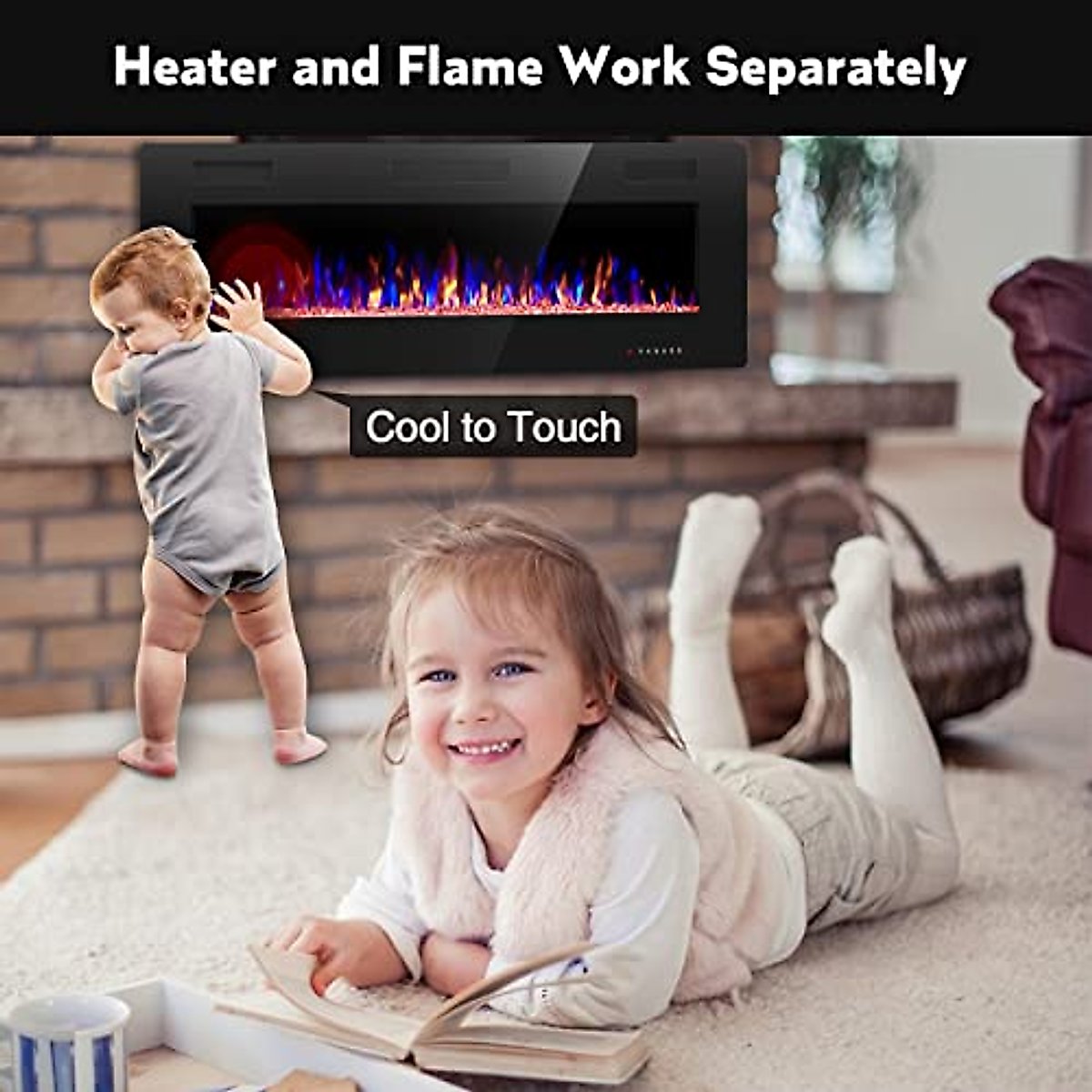 R.W.FLAME 42IN Recessed and Wall Mounted,The Thinnest Fireplace,Low Noise, Fit for 2 x 6 and 2 x 4 Stud, Remote Control with Timer,Touch Screen,Adjustable Flame Color and Speed