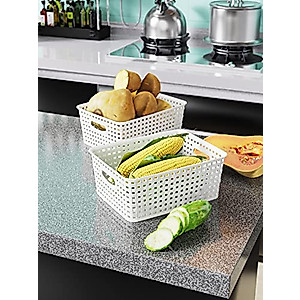 Woven Plastic Storage Basket, 6 Pack White Weave Bins Organizer, 10.1" x 7.55" x 4.1"