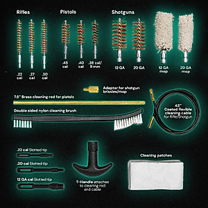 GRITR Universal Multi-Caliber Gun Cleaning Kit | 12 Ga/20 Ga/.22 Cal (223/5.56) Pistol, Rifle & Shotgun Cleaner Supplies Set w/EVA Carrying Case | Bronze Brushes, Cotton Mops, Rod, Cleaning Patches