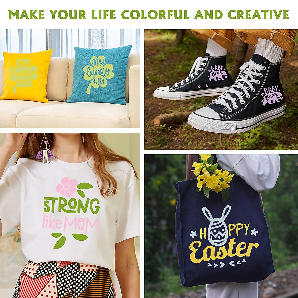 HTV Heat Transfer Vinyl Bundle 12" x 10" - 6 Sheets/Roll, Iron On Transfers for T-Shirts, Easy to Cut & Weed Heat Transfer Vinyl for Custom Shirts, Iron On Vinyl for DIY Crafts, HTV Vinyl Rolls