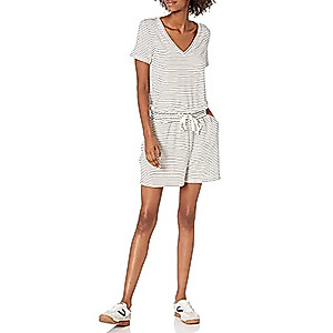 Amazon Essentials Women's Supersoft Terry Short-Sleeve V-Neck Romper (Previously Daily Ritual), Black White Thin Stripe, Large