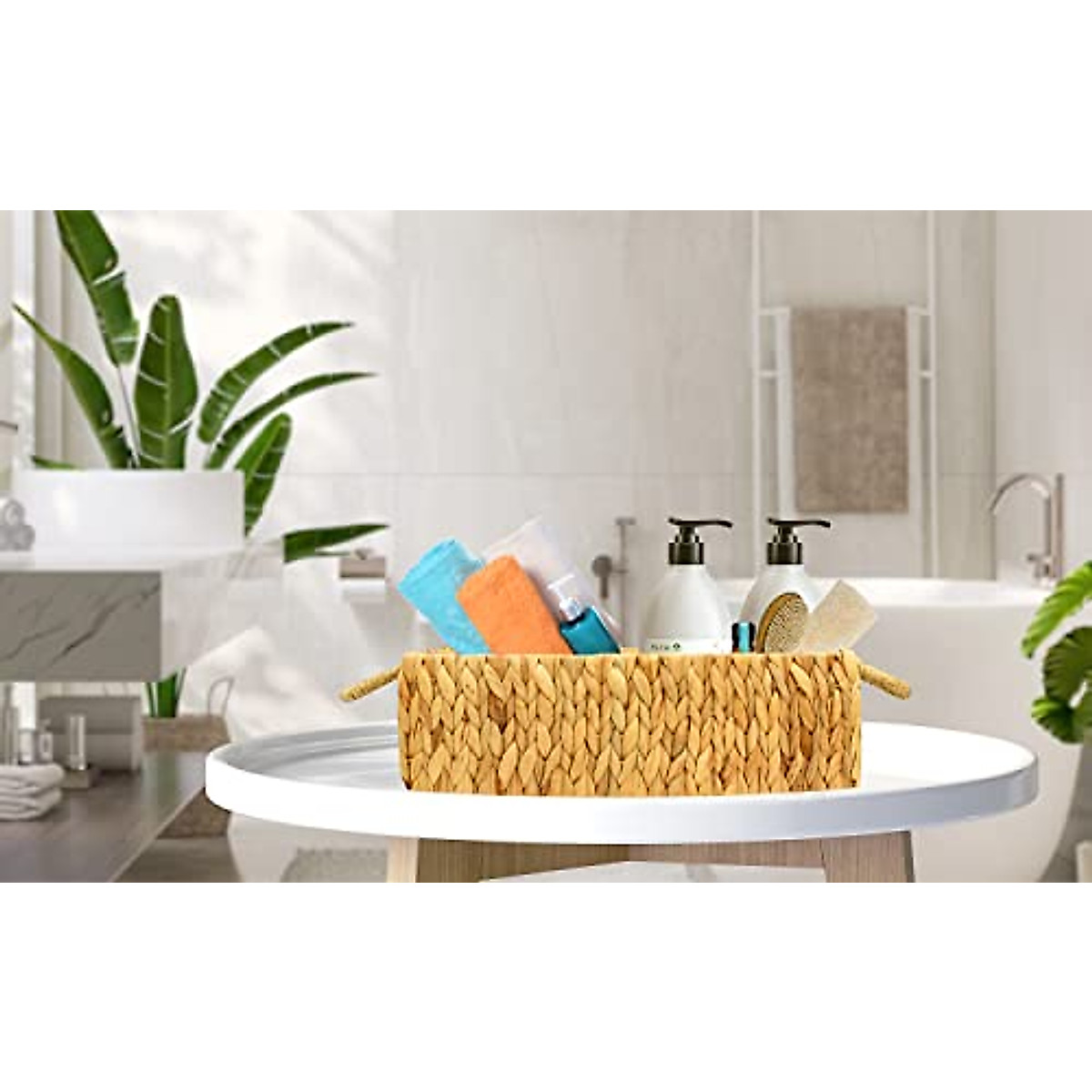 ECO 5 Water Hyacinth Large Rectangle Storage Basket, Coffee Station Organizer, 4 Dividers Basket Hand Woven with Handle, Organizing Wicker Basket for Pantry, Office, Home Décor, ‎16"D x 11"W x 5.5"H