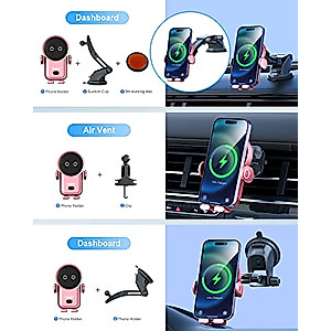Wireless Car Charger with Suction Cup and Vent Clip,15W Fast Charging Kharly Car Phone Charger Holder,Smart Sensor Auto-Clamping Fashion Phone Holder Mount for Car for iPhone 14 Pro/13 Samsung etc