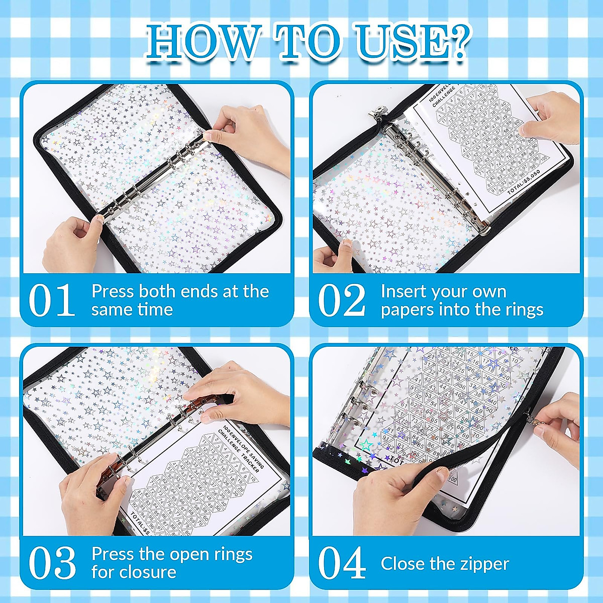 NEWEST A5 Budget Binder Cover with Zipper for Cash Budget System, Glitter Stars A5 6 Ring Binder Planner, Clear PVC Refillable Notebook Shell for Journal Albums Diary School Office Supplies, Purple