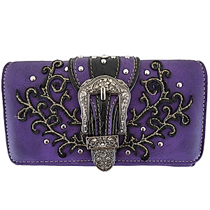 Western Style Tooled Leather Buckle Concealed Carry Purse Country Handbag Women Shoulder Bag Wallet Set (#4 Purple Set)