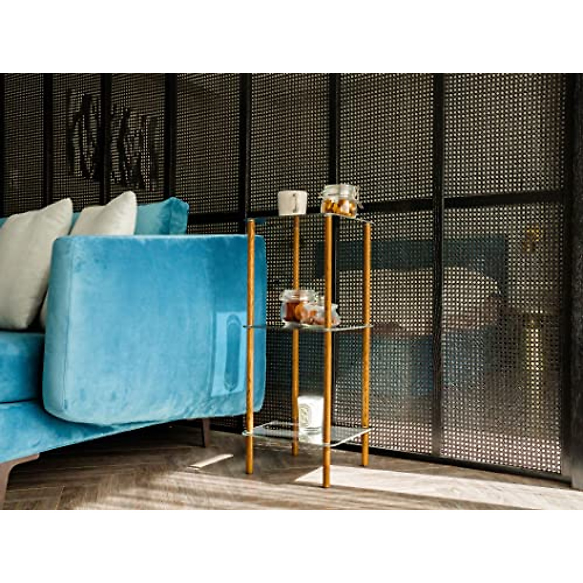 ikloo 3-Tier Metal & Glass Black Shelf, Shelving Display Rack, Open Glass Shelves; Multifunctional Freestanding Storage for Living Room, Bathroom, Home Office, Hallway, Bedroom Organization Rack.