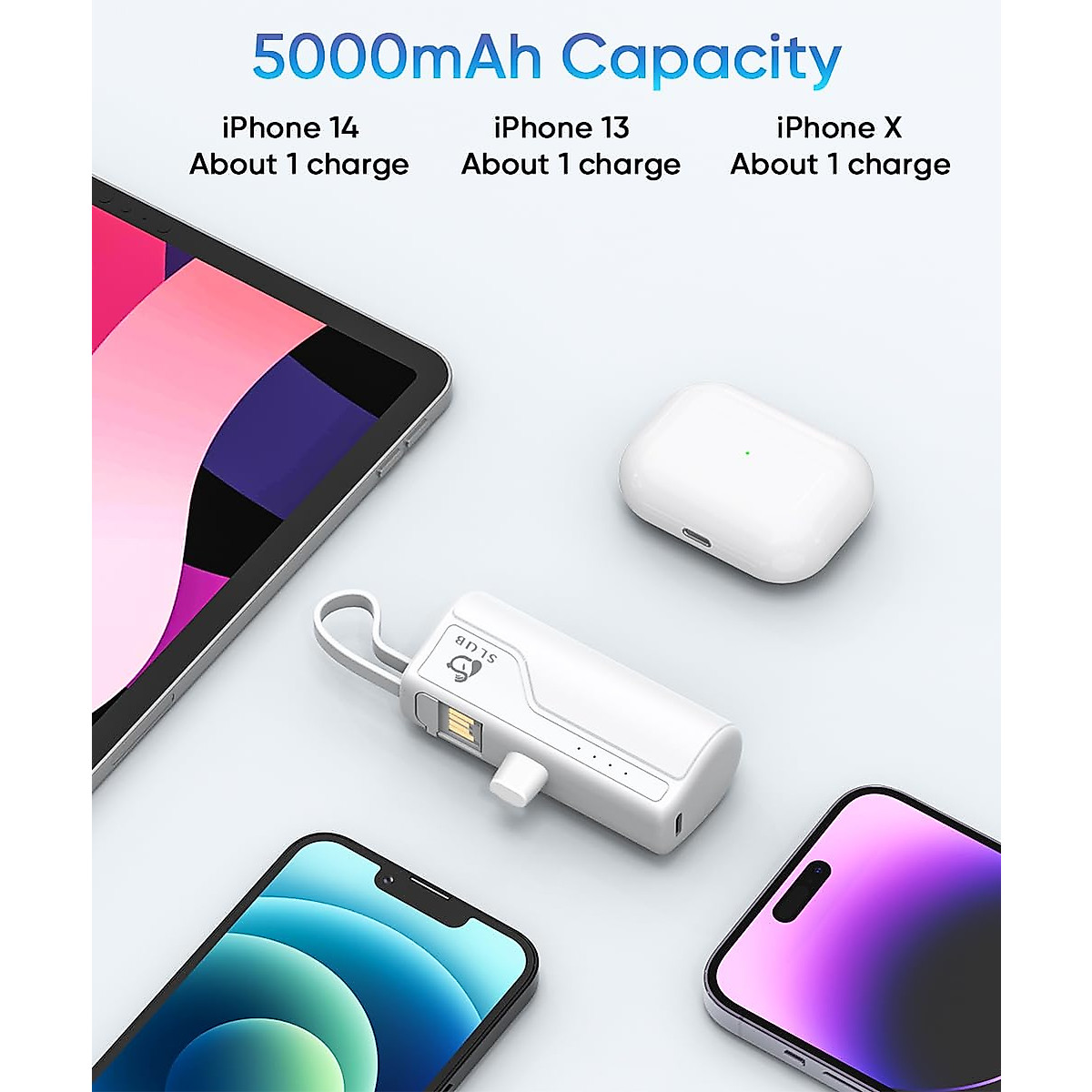 Meseto Mini Portable Charger 5000mAh, iPhone Power Bank Charging Battery Pack, External Backup Phone Charger Compatible with iPhone 13, 12, 11, X, XR, XS Max, 8, AirPods, White
