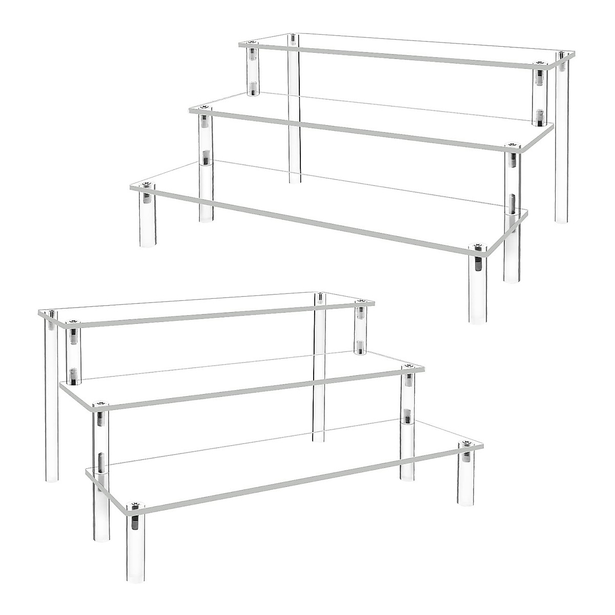 2Pack Acrylic Display Risers,Clear Shelf 3 Tier Cupcake Display Stand Steps for Food Desserts Stand Perfume Organizer Amiibo Funko POP Figures Toys Collections，Small Mini Display Stand for Organizer and Decoration(12 x 8 x 6 Inch)