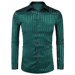 URRU Men's Striped Dress Shirts Green Satin Shirt Casual Luxury Long Sleeve Button Down Wedding Shirt Party Prom Shirt Dark Green XL