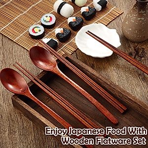 Wooden Spoon and Chopsticks Set Long Handle Spoon Chopstick Flatware Reusable Tableware Combination Utensils for Eating Food, 9.3 Inch (12)