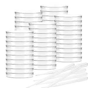 Bekith Petri Dishes with Lids, 50 Pack 90mm Dia x 15mm Deep Plastic Sterile Container, 50 Pack Plastic Transfer Pipettes(3ml)