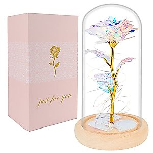 Beferr Gifts for Women, Birthday Gifts Galaxy Glass Rose Crystal Flower Gift Light Up Rose in Glass Dome, Colorful Rainbow Artificial Flower Rose Gifts for Her Mom Grandma Sister Wife Friends