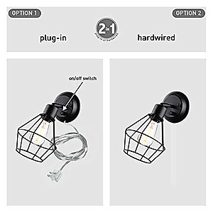 Globe Electric 65291 1-Light Plug-in or Hardwire Industrial Cage Wall Sconce, Matte Black Finish, On/Off Rotary Switch, 6ft Clear Cord, Wall Lights for Bedroom Plug in, Kitchen Sconces Wall Lighting