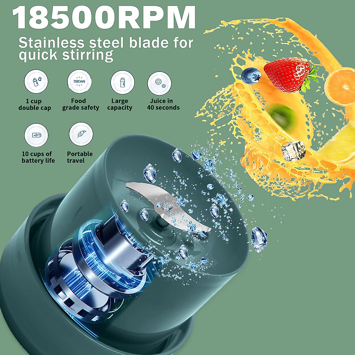 Atopskins Electric Portable Blender Cordless 32oz 3000mAh Rechargeable Travel Blender to Go 1000ml Large Smoothie Blender 18000 RPM Sport Personal Size Blender Cup Fruit Juicer Bottle Ice Shaker Green