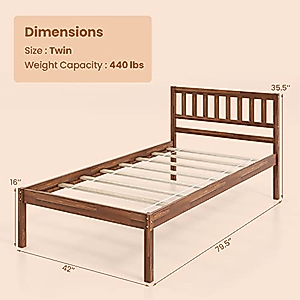 Giantex Wood Twin Bed Frame with Headboard, Mid Century Platform Bed with Wood Slat Support, Solid Wood Foundation, 12 Inch Height for Under Bed Storage, Easy Assemble, Walnut