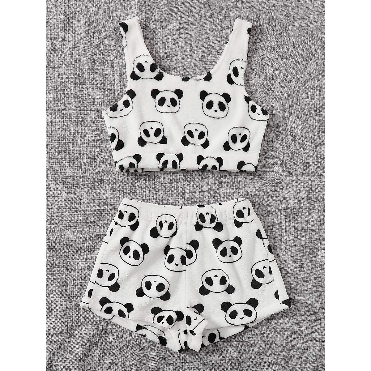 SweatyRocks Women's Fuzzy Pajamas Set Crop Tank Top with Shorts Loungewear Panda White S