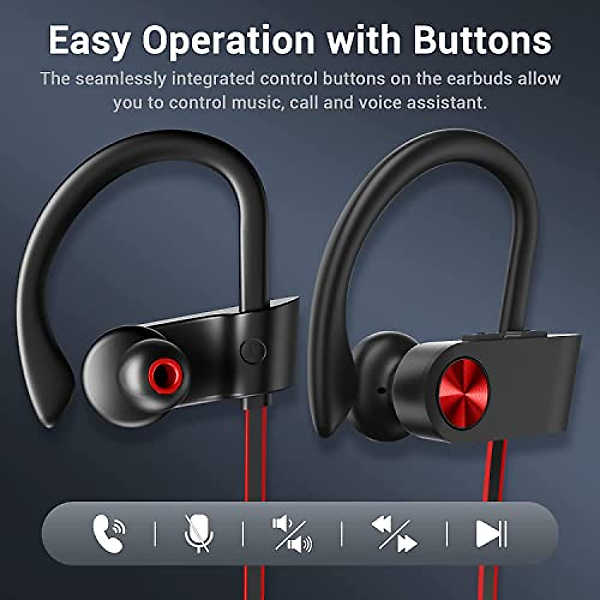 VRIFOZ Bluetooth Headphones, IPX7 Waterproof Wireless Sports Earbuds for Workout Gym, 12 Hrs Playtime Running Headphones with Noise Cancelling Mic, HiFi Bass Stereo in-Ear Earphones - RedBlack
