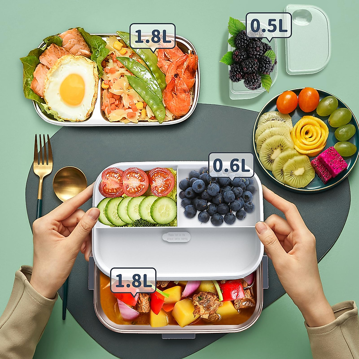 IFENROL Electric Heated Lunch Box for Adults, 100W 3-IN-1 1.8L Heated Lunch Box for Men Portable with Double Layer 2 Container, Fast Heating Food Warmer,12V/24V/110V for Car Truck Office Home Travel