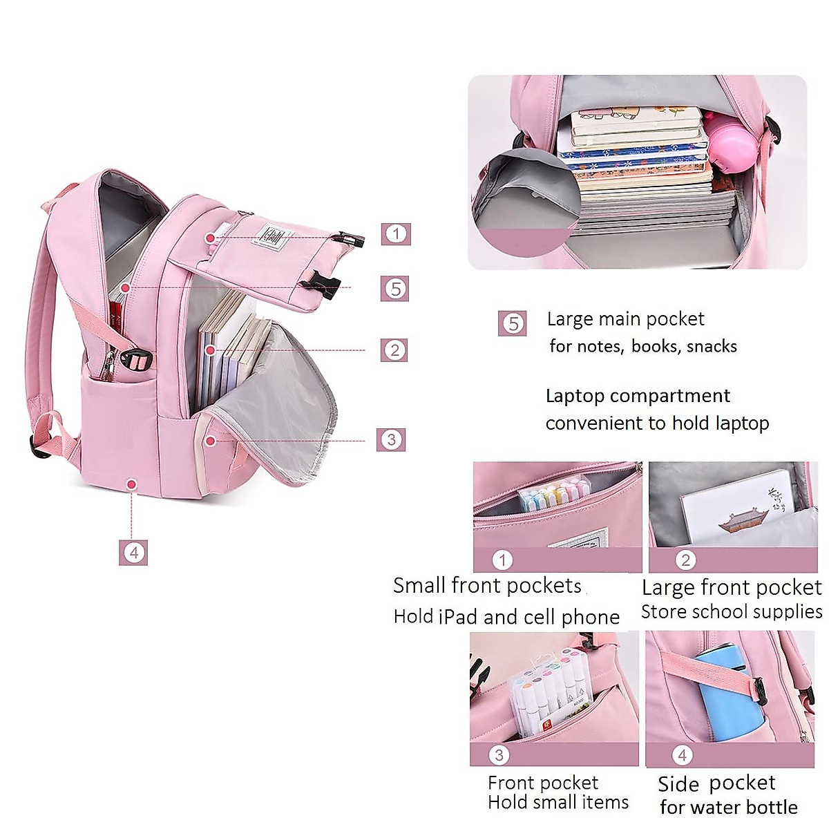 Pink School Bag Backpack for Teen Boys Girls Elementary Middle Bookbag Casual Daypack for Kids
