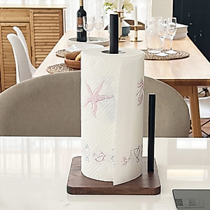 Black Paper Towel Holder Stand with Exquisite Wood Square Base, Niffgaff Free-Standing Paper Towel Roll Dispenser for Kitchen Countertop, Fits Standard and Jumbo Size Rolls