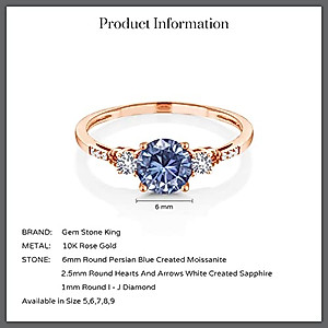 Gem Stone King 10K Rose Gold 6MM Round Gemstone Birthstone White Created Sapphire and White Diamond Accent 3-Stone Engagement Ring | Three-Stone Wedding Anniversary Promise Ring For Women