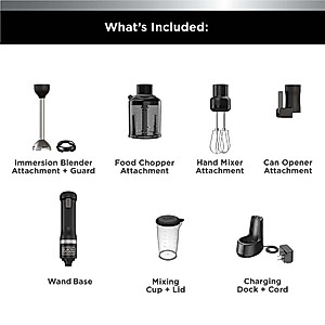 BLACK+DECKER Kitchen Wand Cordless Immersion Blender, 4 in 1 Multi Tool Set, Hand Blender with Charging Dock, Black (BCKM1014K10)