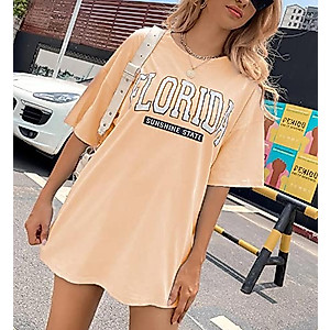 MISSACTIVER Women Florida Letter Graphic Print Tee Shirt Oversized Short Sleeve Crew Neck Drop Shoulder Casual T-Shirt Tops Apricot