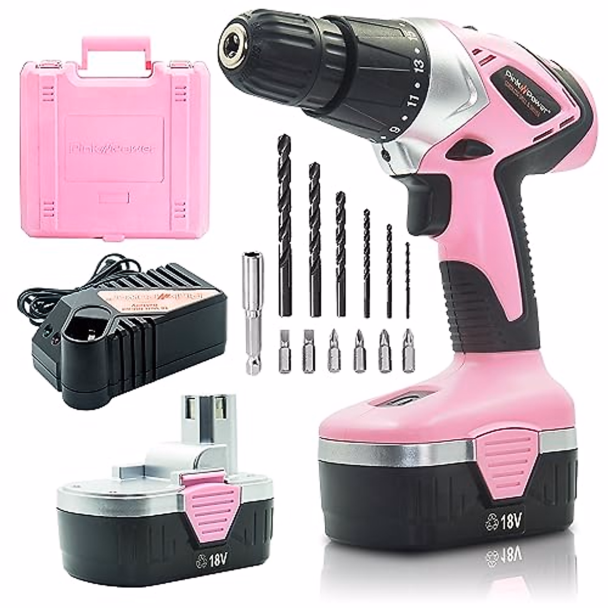 Pink Power Drill Set for Women 18V Pink Cordless Drill Driver Tool Kit for Women Electric Drill, Power Drill Set with Tool Case, Battery, Charger & Drill Bit Set - Lightweight Screwdriver Drill