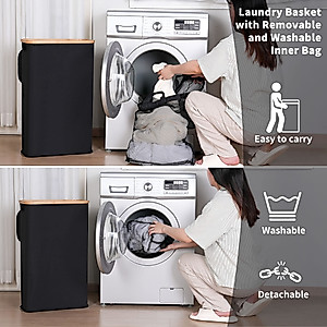 iEGrow 60L Slim Laundry Hamper with Lid,Black Hampers for Laundry,Narrow Laundry Basket with Removable Inner Bag & Bamboo Handles,Tall Thin Clothes Hamper for Clothes Toys Towels Organization