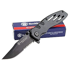 Smith & Wesson Extreme Ops SWA24S 7.1in S.S. Folding Knife with 3.1in Serrated Clip Point Blade and Aluminum Handle for Outdoor, Tactical, Survival and EDC,Black