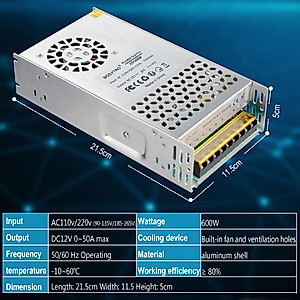 BOSYTRO 12V 50A 600W DC Switching Power Supply, Universal Regulated Switching AC110V/220V (SMPS), 12 Volt Power Supply for LED Strip Light, CCTV Camera Security System,Computer Project