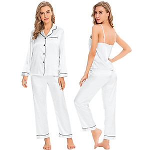 SWOMOG Women Satin Pajamas 4pcs Pajama Set Sexy Cami Shorts Set and Button Down Long Sleeve Pjs Loungewear Sleepwear White,Large