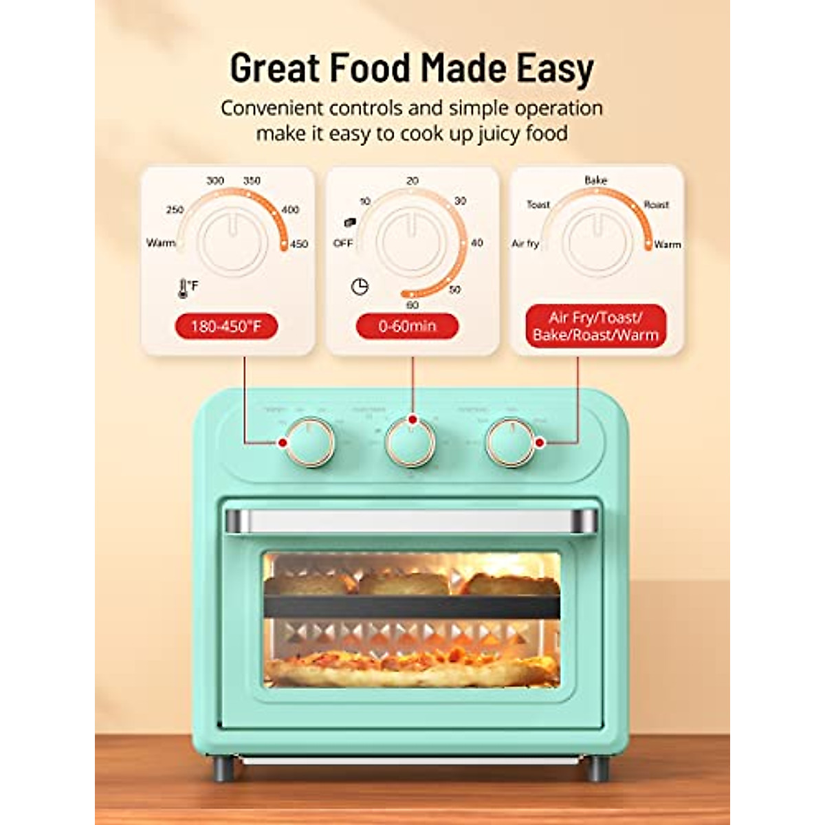 Air Fryer, Paris Rhône 15QT Toaster Oven Countertop, 450℉ Food Dehydrator, Knob-Controlled Freidora de Aire for Easy, Oil Less and Healthy Meals with Nonstick Dishwasher Safe Basket and Trays (Aqua)