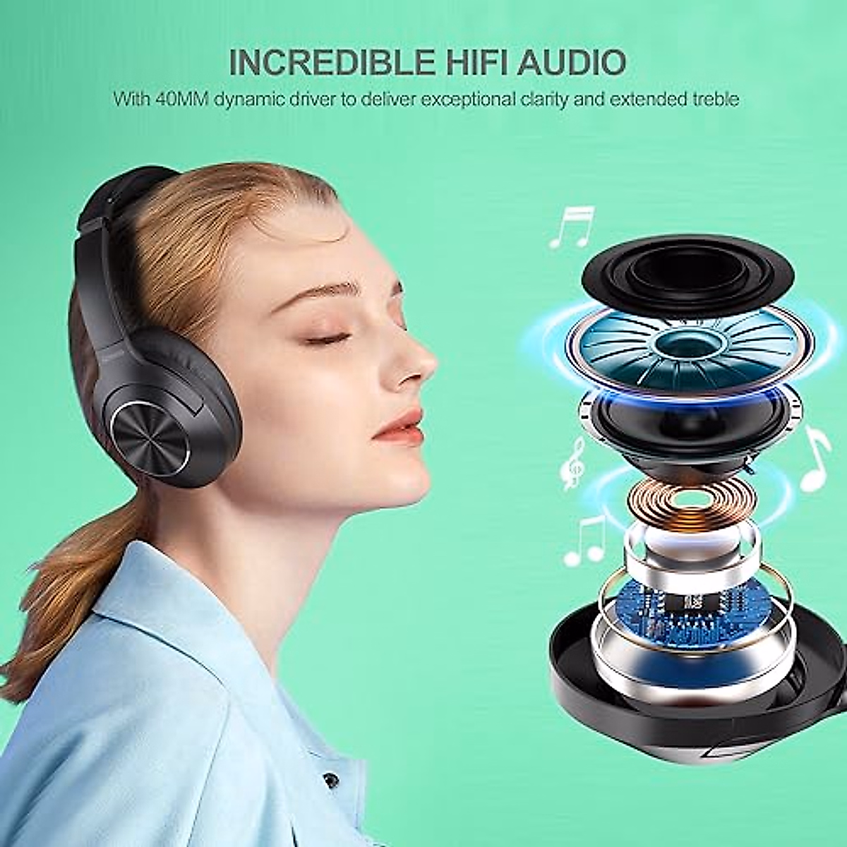 Qaekie Active Noise Cancelling Headphones - 100H Playtime Wireless Over Ear Bluetooth Headphones Deep Bass, Noise Canceling Wireless Headphones with Mic, HiFi Audio for Adults Travel/Home/Office