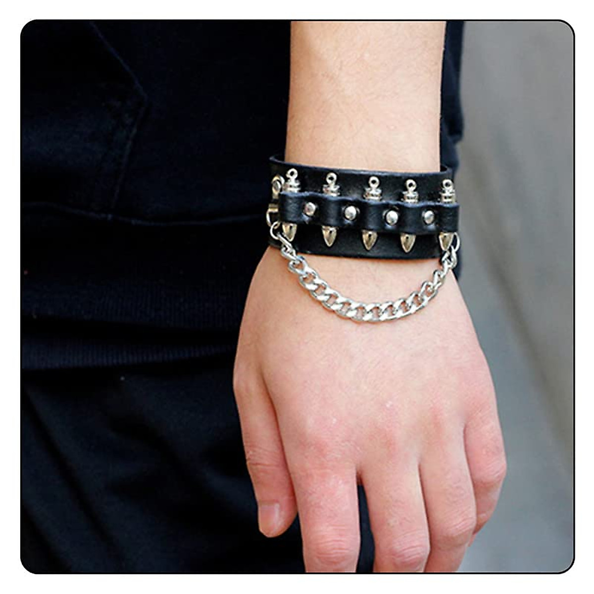Fusamk Punk Rock Snap Bracelet Bullet Chain Wristband Wide Leather Cuff Bracelet(Black)