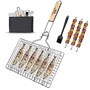 G.a HOMEFAVOR BBQ Fish Grill Basket Food Grade 18/8 304 Stainless Steel, Folding Portable Oak Handle, for Grilling Fish Vegetables Shrimp Meat Steak (Silicone Brush+Pouch+3x12inch Skewers)