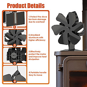 GQLife-ing Heat Powered Stove Fan, 6 Blades Wood Fan with Magnetic Thermometer, Non Electric Fireplace Silent Motor for Wood/Log Stoves/Fireplace, Efficiently Circulate Warm Air Saving Fuel Black