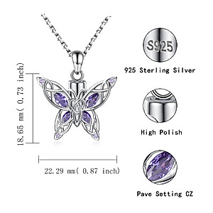 MANBU Butterfly Cremation Urn Necklace for Ashes - 925 Sterling Silver Memorial Keepsake with CZ Pendant Jewelry Women Keepsake Bereavement Gift for A Loss of the Loved One (Purple)