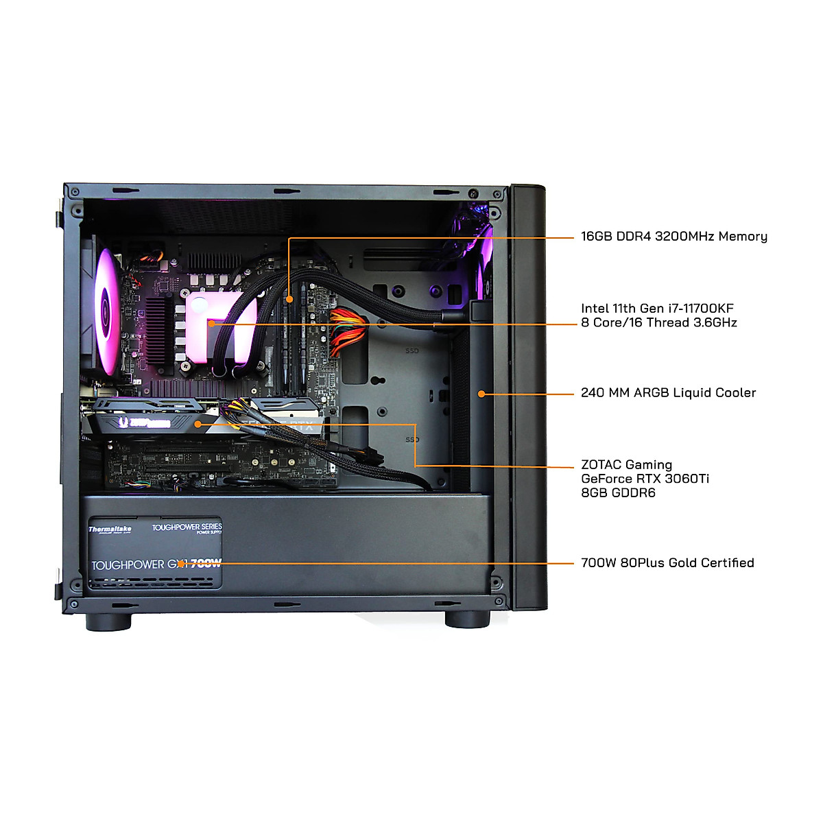ZOTAC Gaming MEK Hero G1 I1736KFT Liquid Cooling Gaming PC Desktop Intel 11th Gen Core i7 11700KF, GeForce RTX 3060 Ti 8GB, 16GB 3200 MHz DDR4, 1TB M.2 NVMe SSD, RGB ‎- GH3060TI170KF01BL-U-W2B