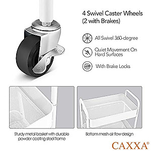 CAXXA 3-Tier Rolling Metal Storage Organizer - Mobile Utility Cart Kitchen Cart with Caster Wheels, White