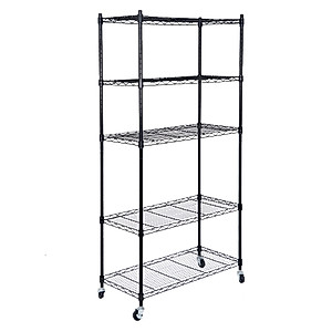 JupiterForce 5-Shelf Adjustable, Heavy Duty Storage Shelving Unit with 4 Wheel Casters, Metal Organizer Wire Rack for Kitchen, Office, Garage, Black (30L x 14W x 62H)