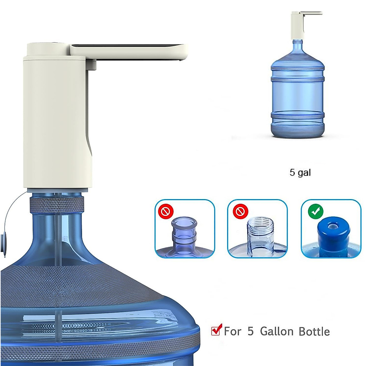 Generic 5 Gallon Water Bottle Pump, Universal for 2-5 Gallon Water Bottle Jug with 3 Modes, Foldable Water Outlet to Remain Clean, Rechargeable Automatic Drinking Water Bottle Dispenser, White, chou8