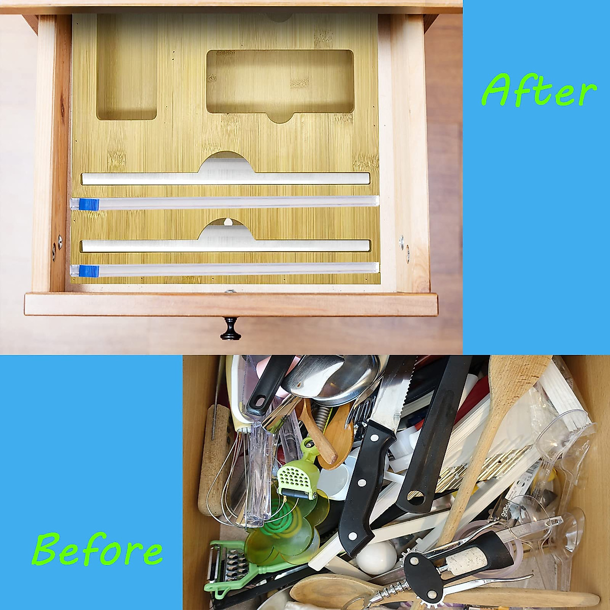 LQQBOX Bamboo Ziplock Bag Storage Organize, 6 in 1 Bamboo Wrap Dispenser Compatible with 12" Parchment Paper Roll Cutter for Gallon, Quart, Sandwich Bags, Roll etc