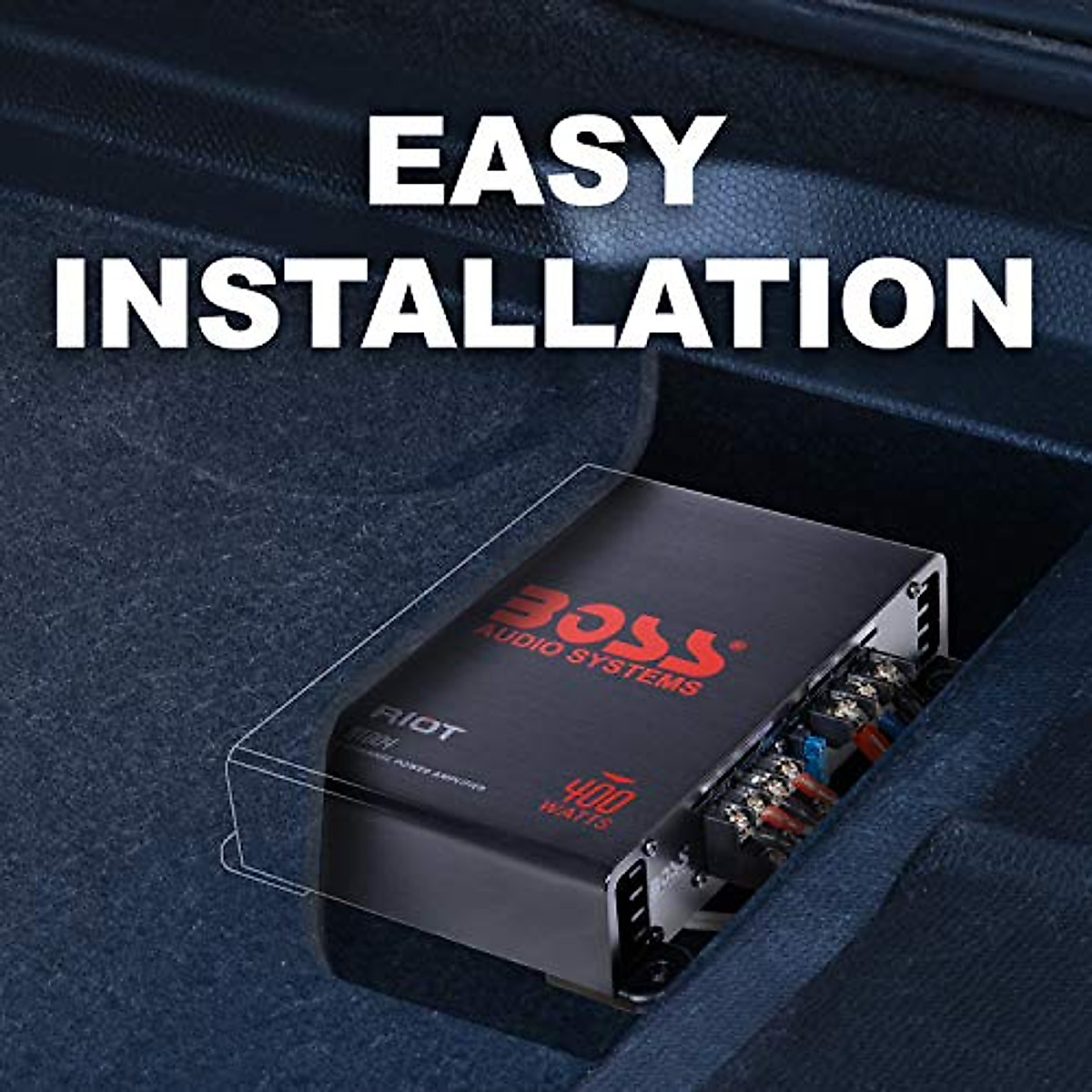 BOSS Audio Systems R1004 4 Channel Car Amplifier – Riot Series, 400 Watts, Full Range, Class A/B, 2 Ohm Stable, IC (Integrated Circuit) Great for Car Speakers and Car Stereos