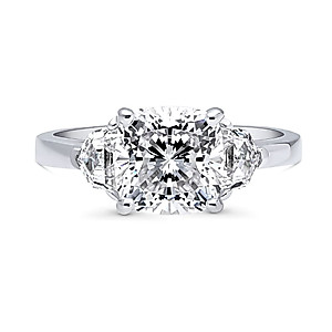 BERRICLE Sterling Silver 3-Stone Wedding Engagement Rings Cushion Cut Cubic Zirconia CZ Ring for Women, Rhodium Plated Size 9