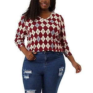 Agnes Orinda Plus Size Knit Tops for Women Argyle Plaid V Neck Long Sleeve Pullover Homecoming T Shirt 4X Red